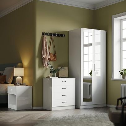 3 Pieces Bedroom Furniture Sets, Wardrobe with Mirror + 4 Storage ...