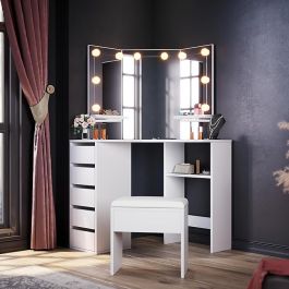 Corner Dressing Table Set, White Makeup Desk with 3 Angle Mirror and 5 ...