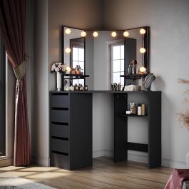 ELEGANT Corner Dressing Table Black with 3 Angle Mirror and 5 Drawers