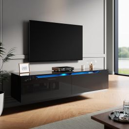 Floating TV Unit Cabinet 1400x350x300mm Gloss Black, ELEGANT Showers UK