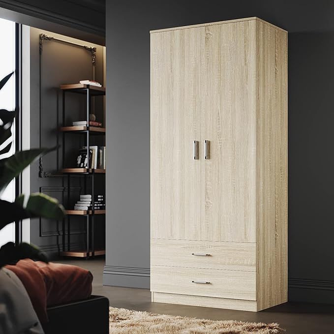 ELEGANT 2 Drawers 2 Doors Oak Finish Free Standing Wardrobe With Large Hanging Space