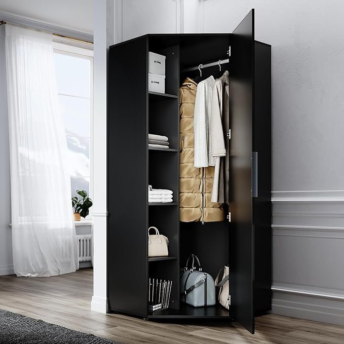 ELEGANT Corner Mirrored Wardrobe with 2 Hanging Rails and 5 Storage Shelves Black