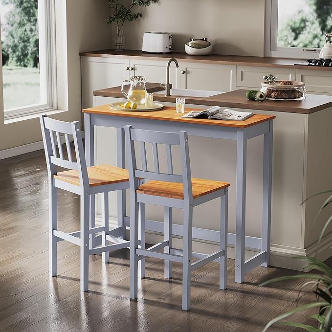 ELEGANT Solid Pine Wood 3 Piece Dining Table Set Furniture Honey Grey