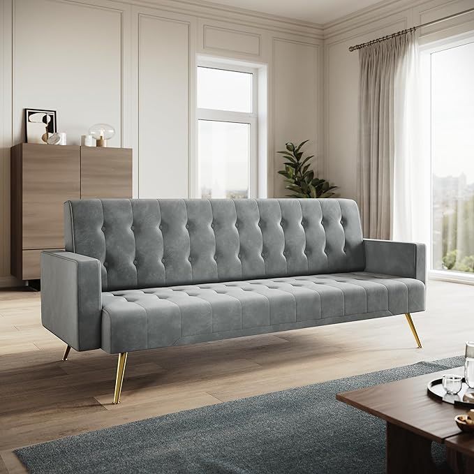 ELEGANT Grey Velvet Sofa Bed 3 Seater with Square Armrest and Rose Gold Finish Legs