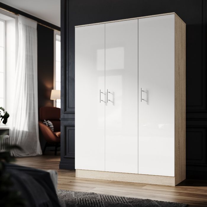 ELEGANT 3 Door Wardrobes High Gloss White Oak with Hanging Rail and Storage Shelves Modern Clothes
